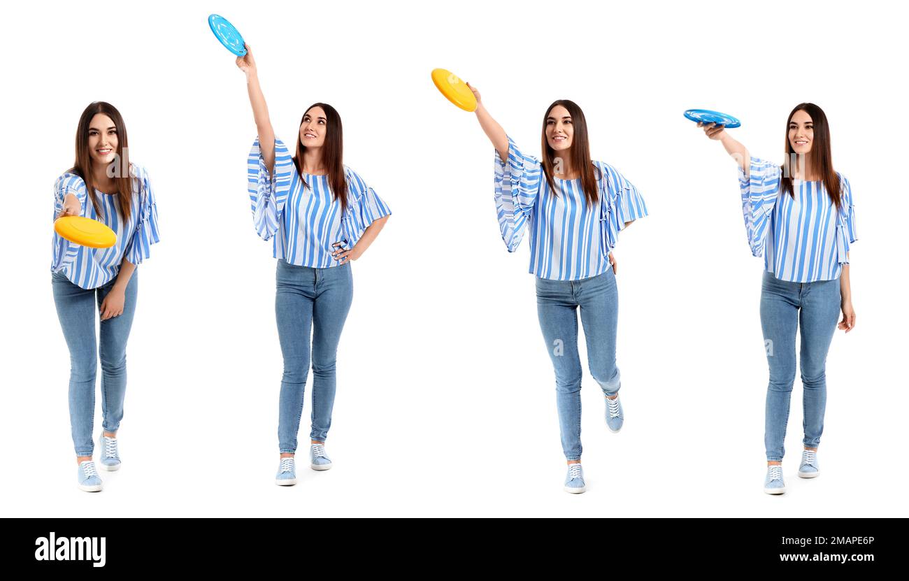 Set of beautiful young woman playing frisbee on white background Stock ...
