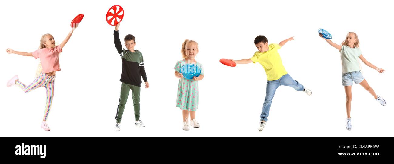 Set of cute children playing frisbee on white background Stock Photo ...