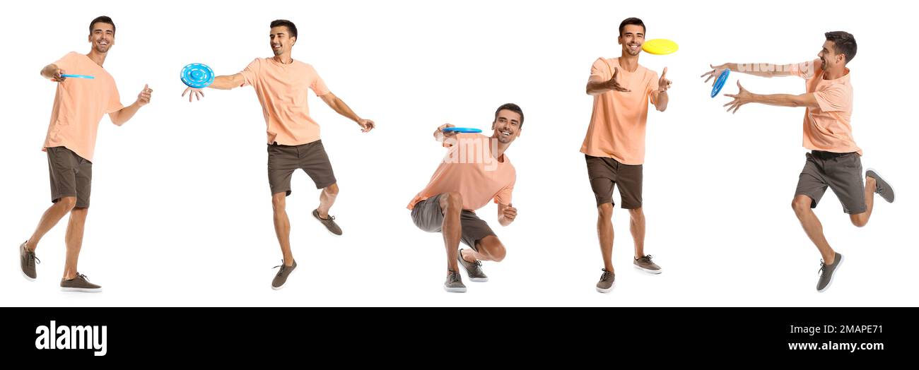 Set of young man playing frisbee on white background Stock Photo - Alamy