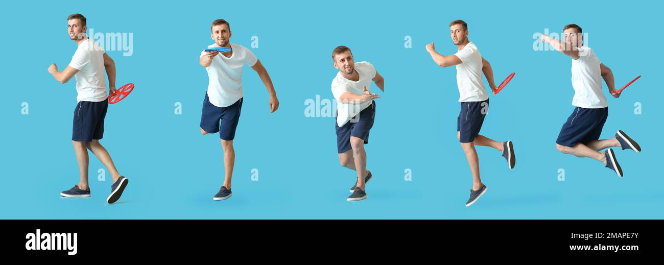 Set of young man playing frisbee on light blue background Stock Photo ...