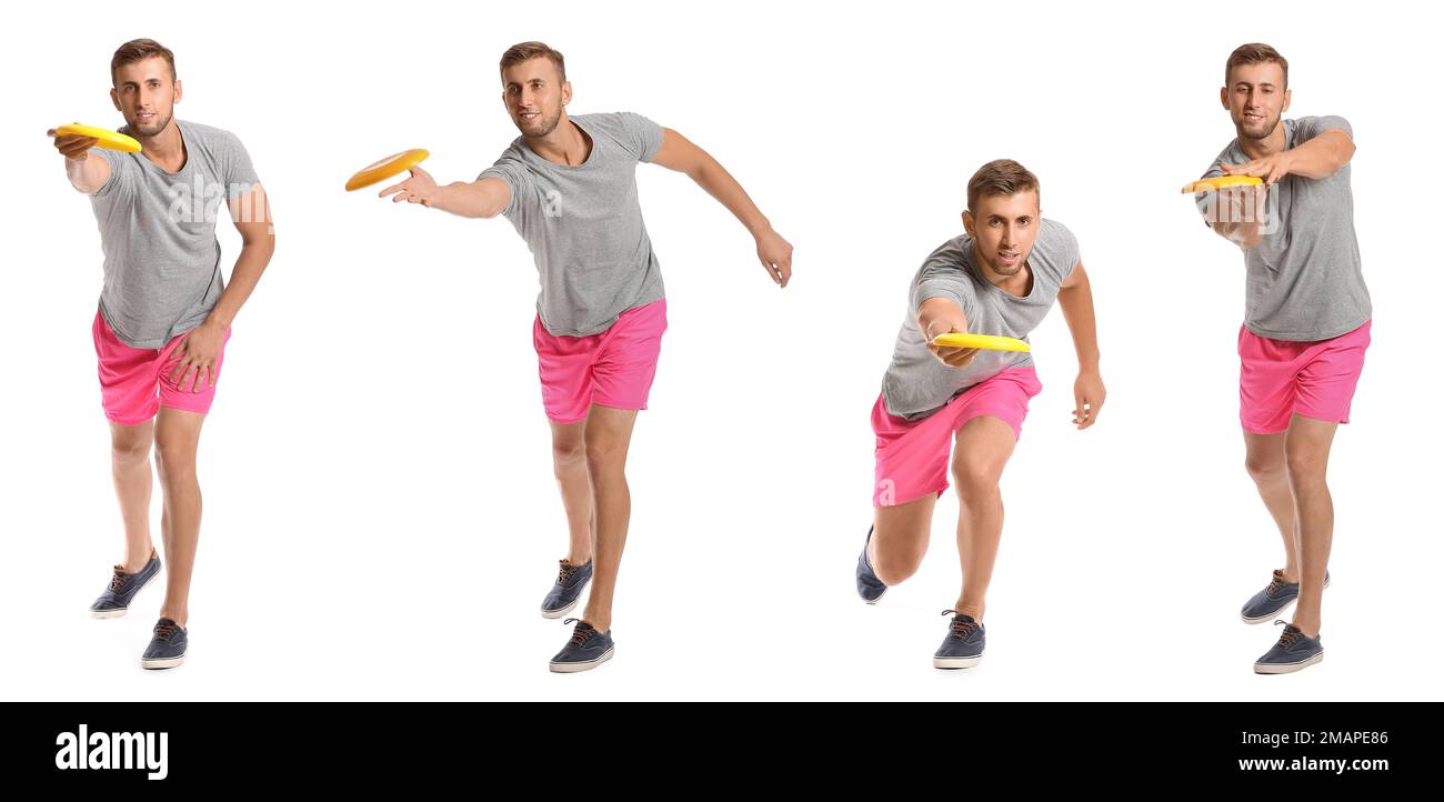 Set of young man playing frisbee on white background Stock Photo - Alamy