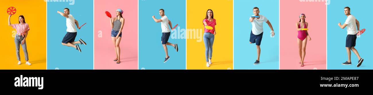 Set of young people playing frisbee on color background Stock Photo - Alamy