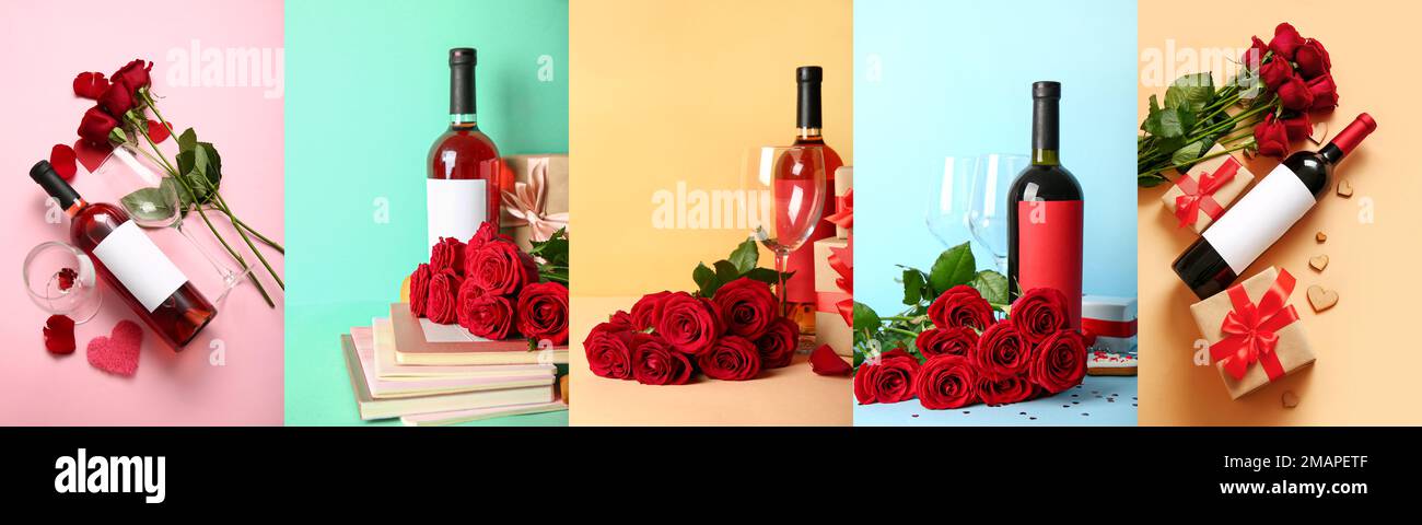 Collage of wine with red roses, gifts and books on color background ...