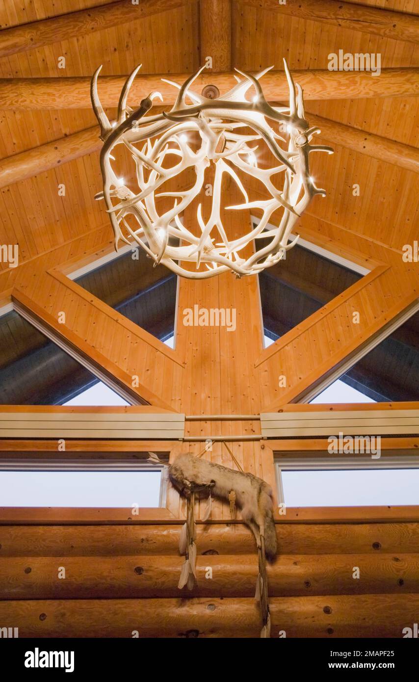 Illuminated deer antlers chandelier above living room inside ...
