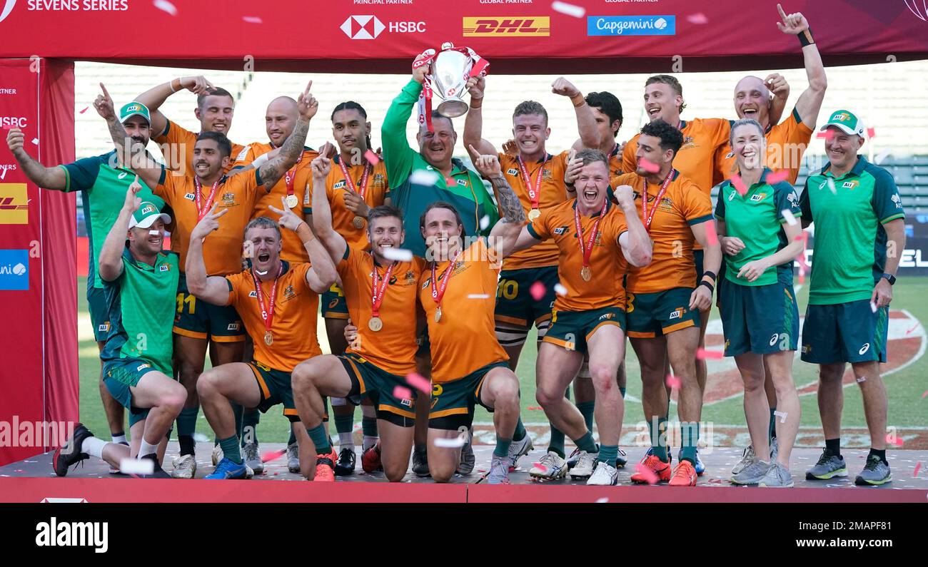Australia winners of the 2022 world rugby sevens series pose with the ...