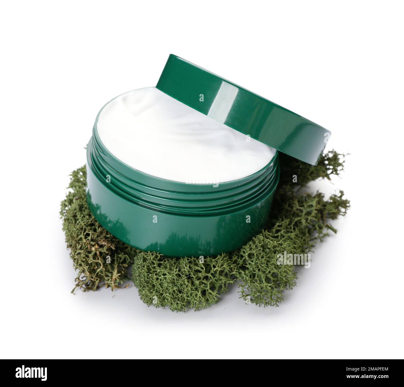 Jar of cream with green moss on white background Stock Photo - Alamy