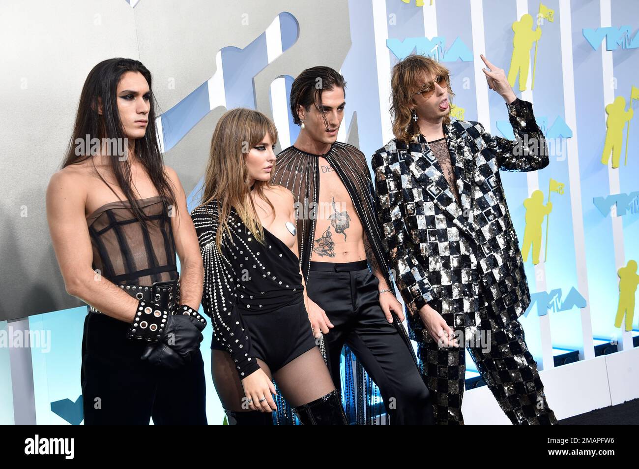 Maneskin, from left, Ethan Torchio, Victoria De Angelis, Damiano David, and Thomas Raggi arrive ...