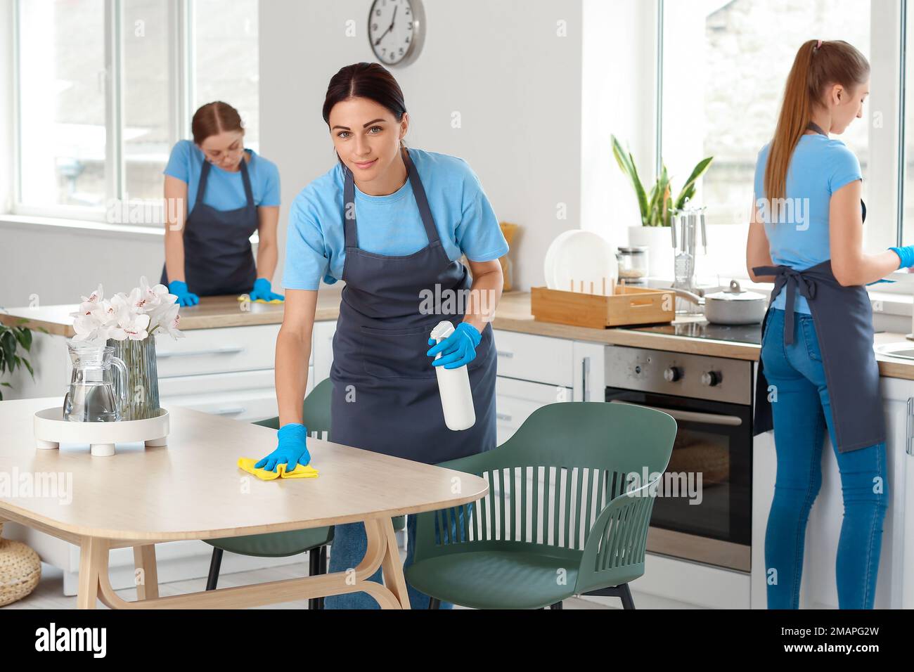 Female janitor cleaning dining table in kitchen Stock Photo - Alamy