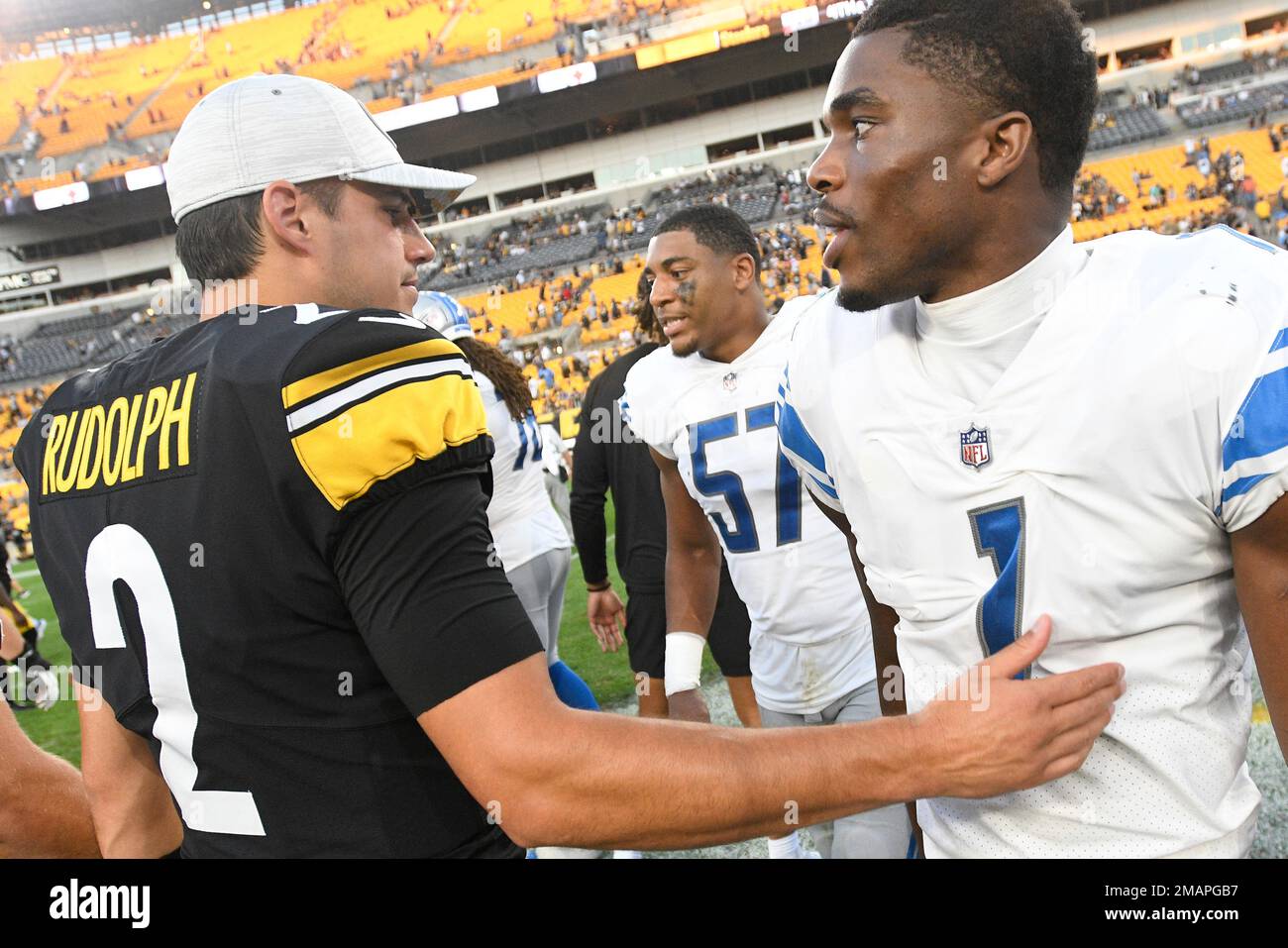 Pittsburgh Steelers quarterback Mason Rudolph (2) greets Detroit Lions ...