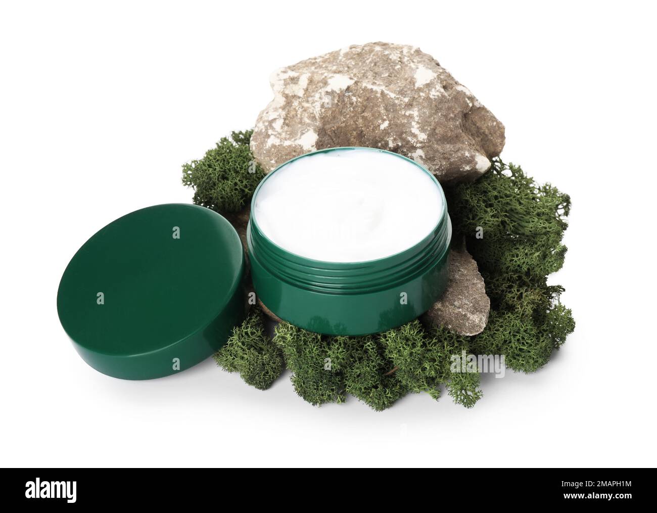 Jar of cream with green moss and rocks on white background Stock Photo ...