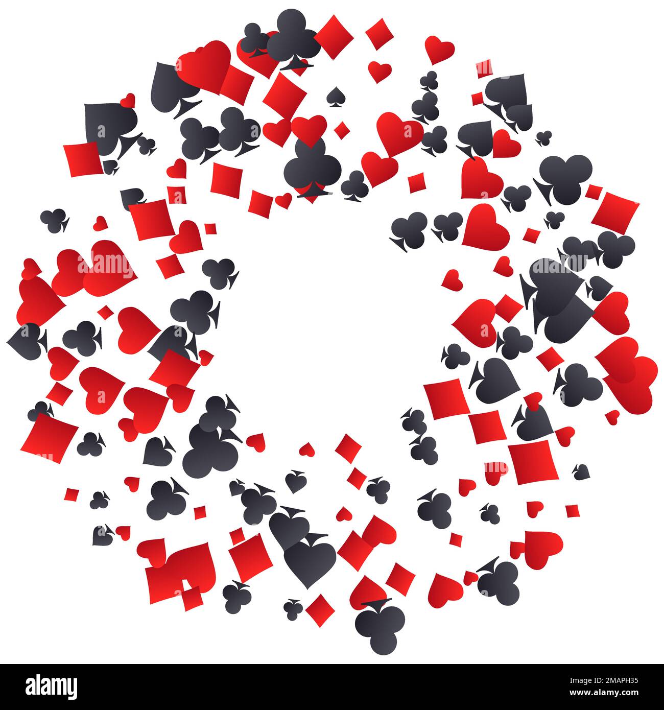 Playing card suit symbols icons. Round pattern with falling red, black ...