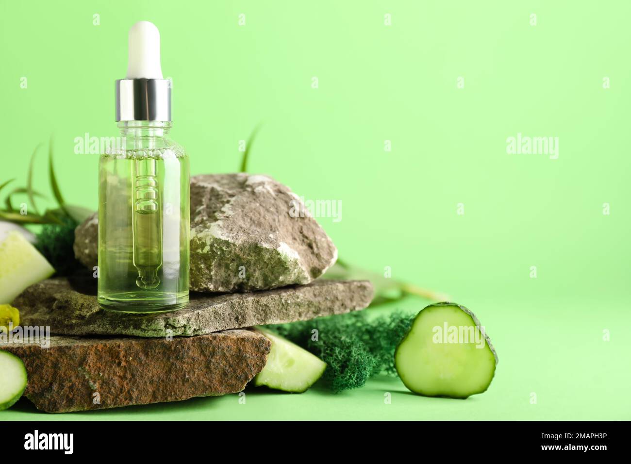 Cosmetic dropper bottle with green moss, cucumber and rocks on color ...