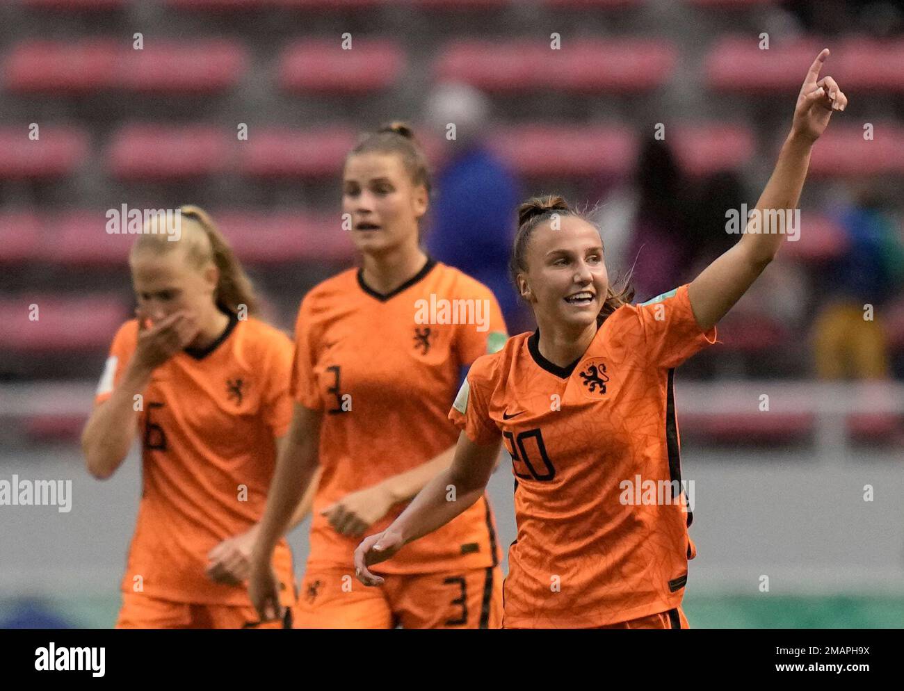 Netherlands' Rosa Van Gool, right, celebrates with teammates Marit Auee ...