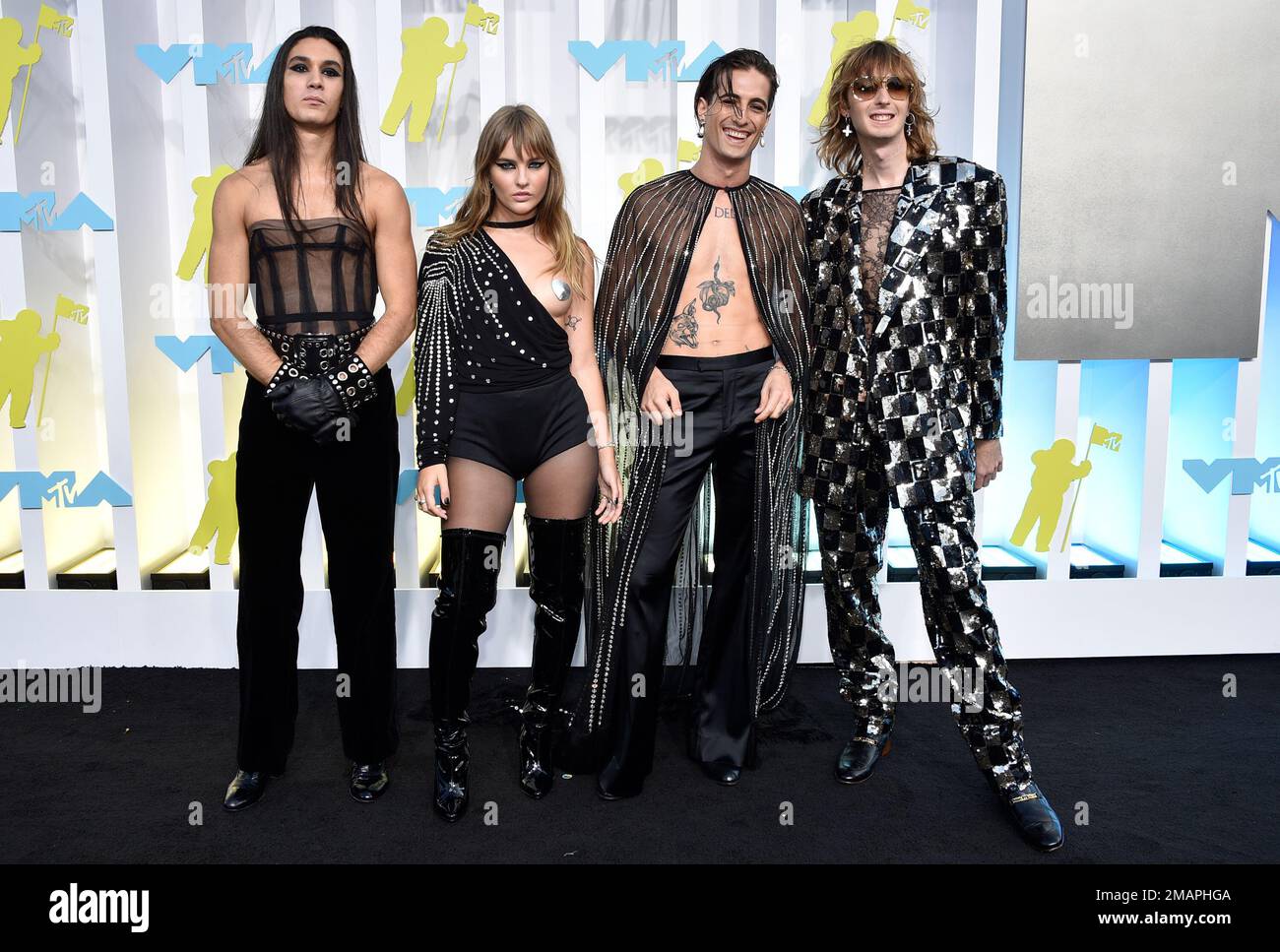 Maneskin, from left, Ethan Torchio, Victoria De Angelis, Damiano David and Thomas Raggi arrive ...
