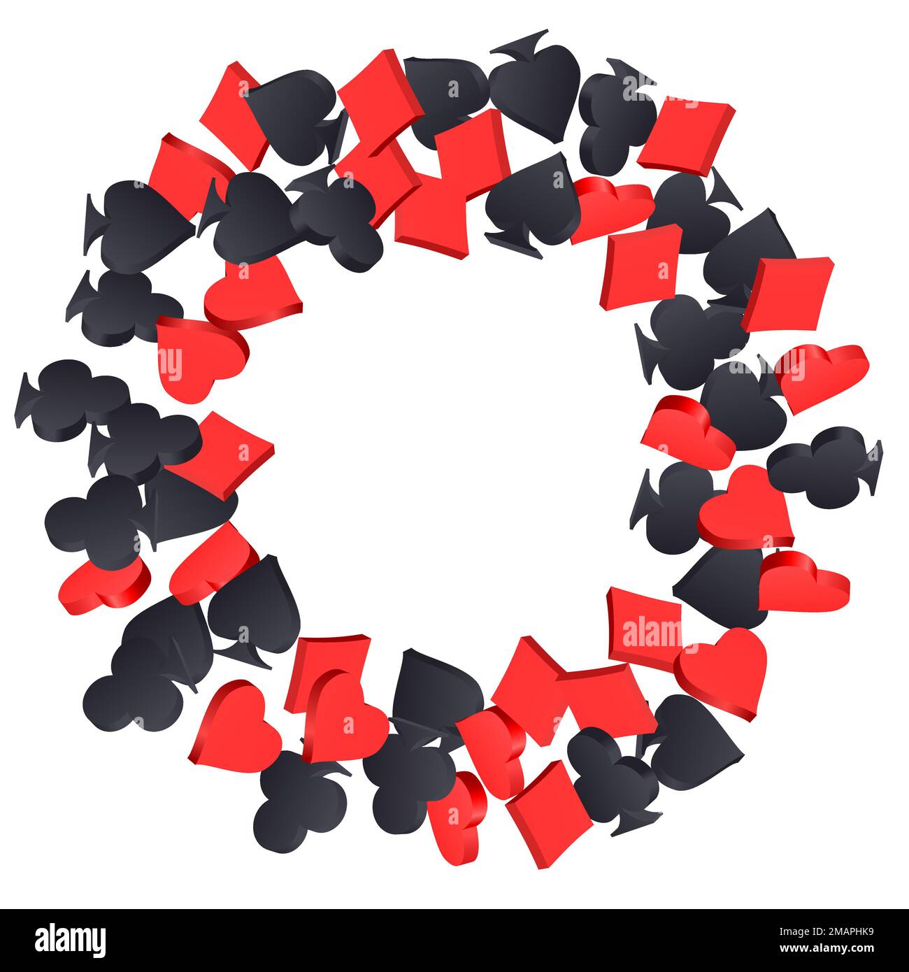 Playing card suit symbols icons. Round pattern with falling red, black ...