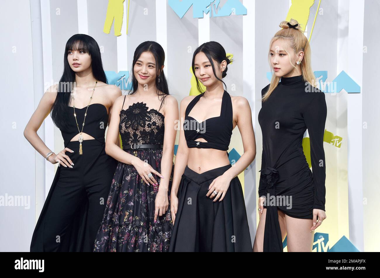 Blackpink, from left, Lisa, Jisoo, Jennie, and Rosé arrive at the MTV ...