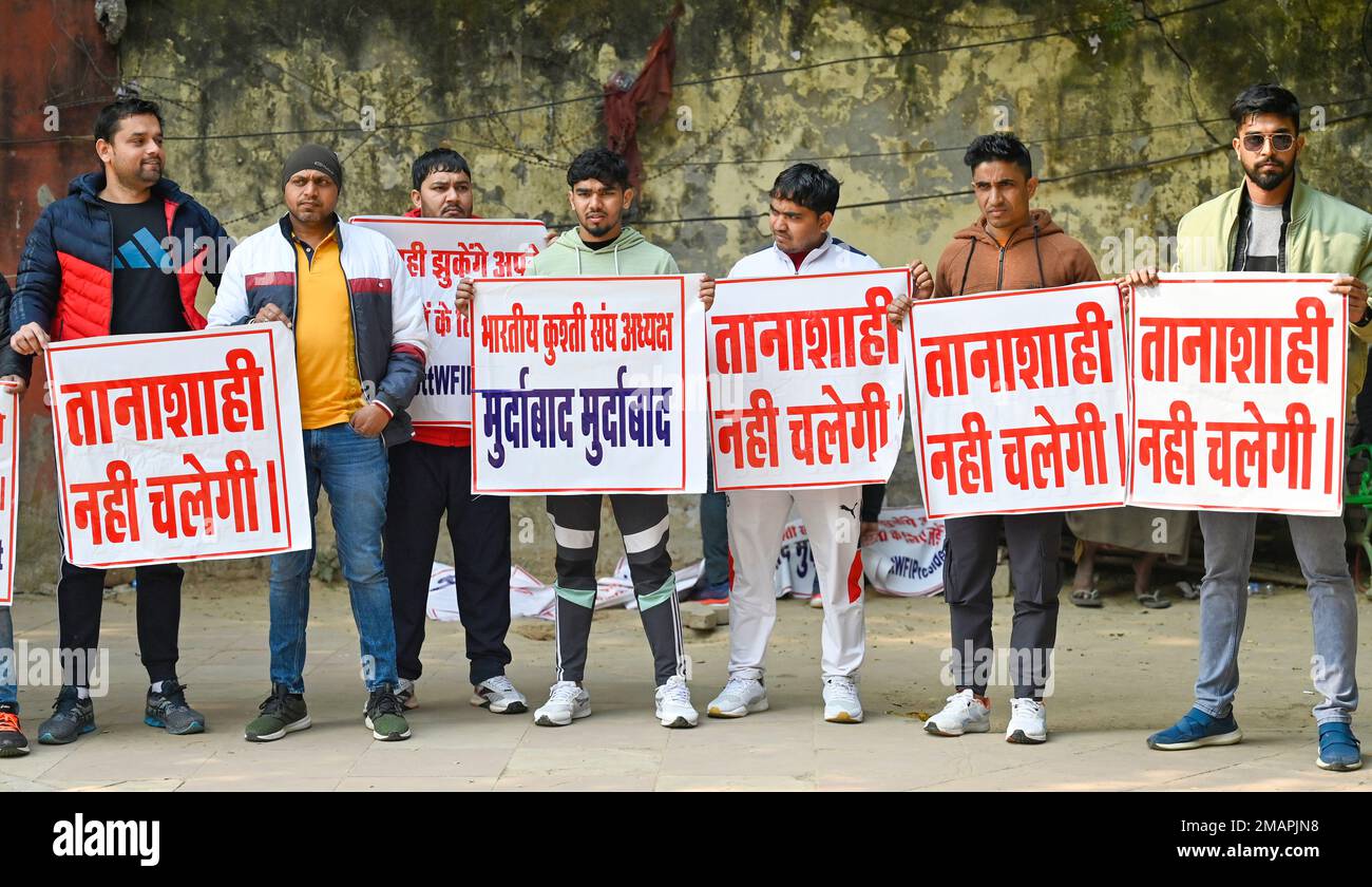 NEW DELHI, INDIA - JANUARY 19: Indian wrestler hold placards at Jantar ...
