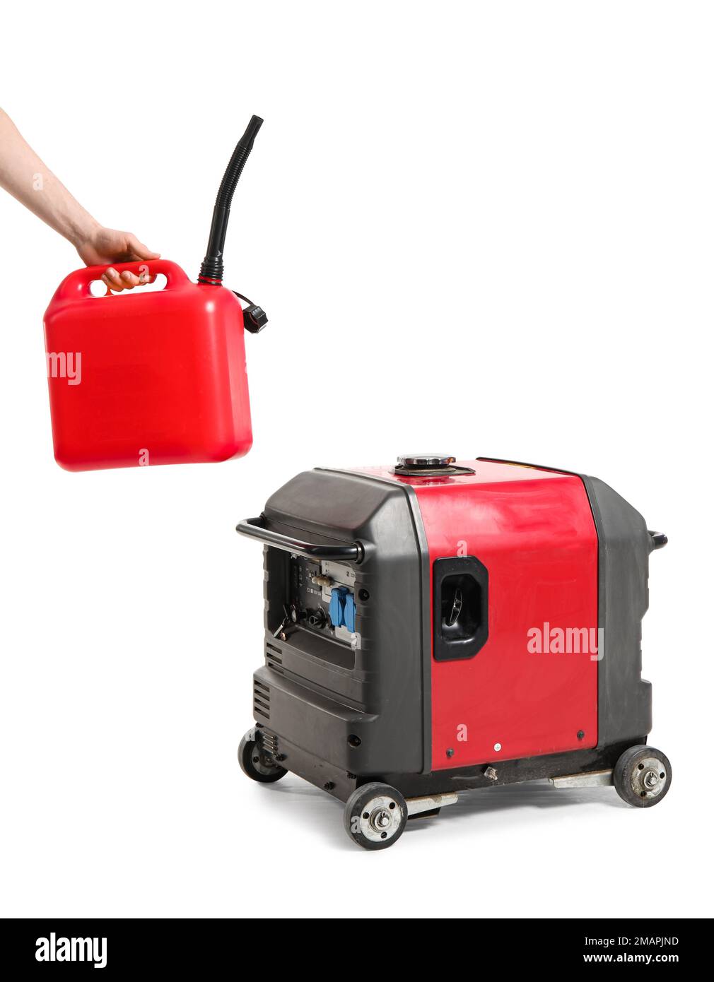 Young man with canister and portable gasoline generator on white ...
