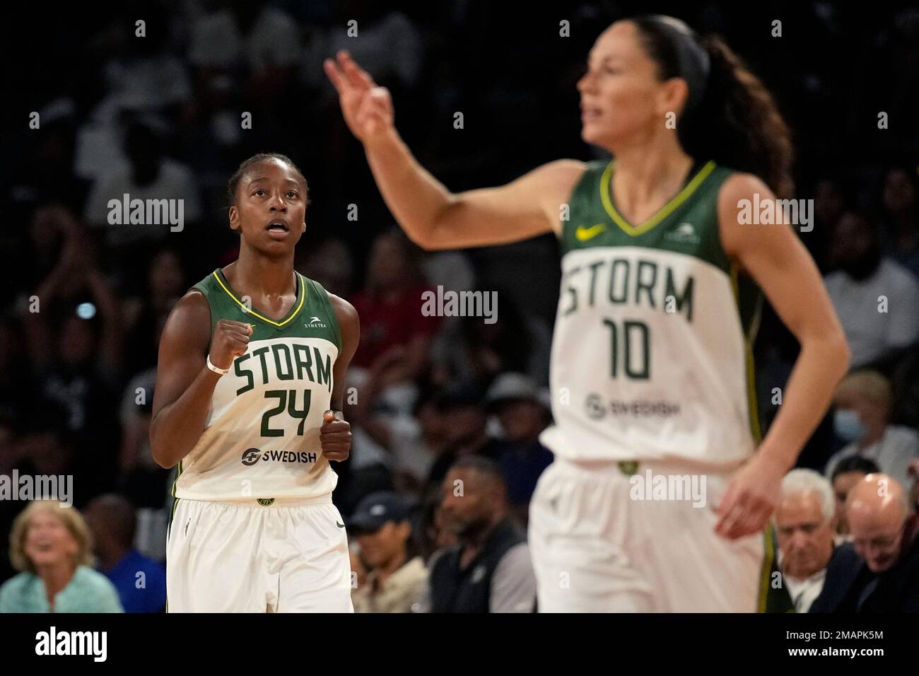 Seattle Storm guard Jewell Loyd (24) celebrates after making a 3-point ...