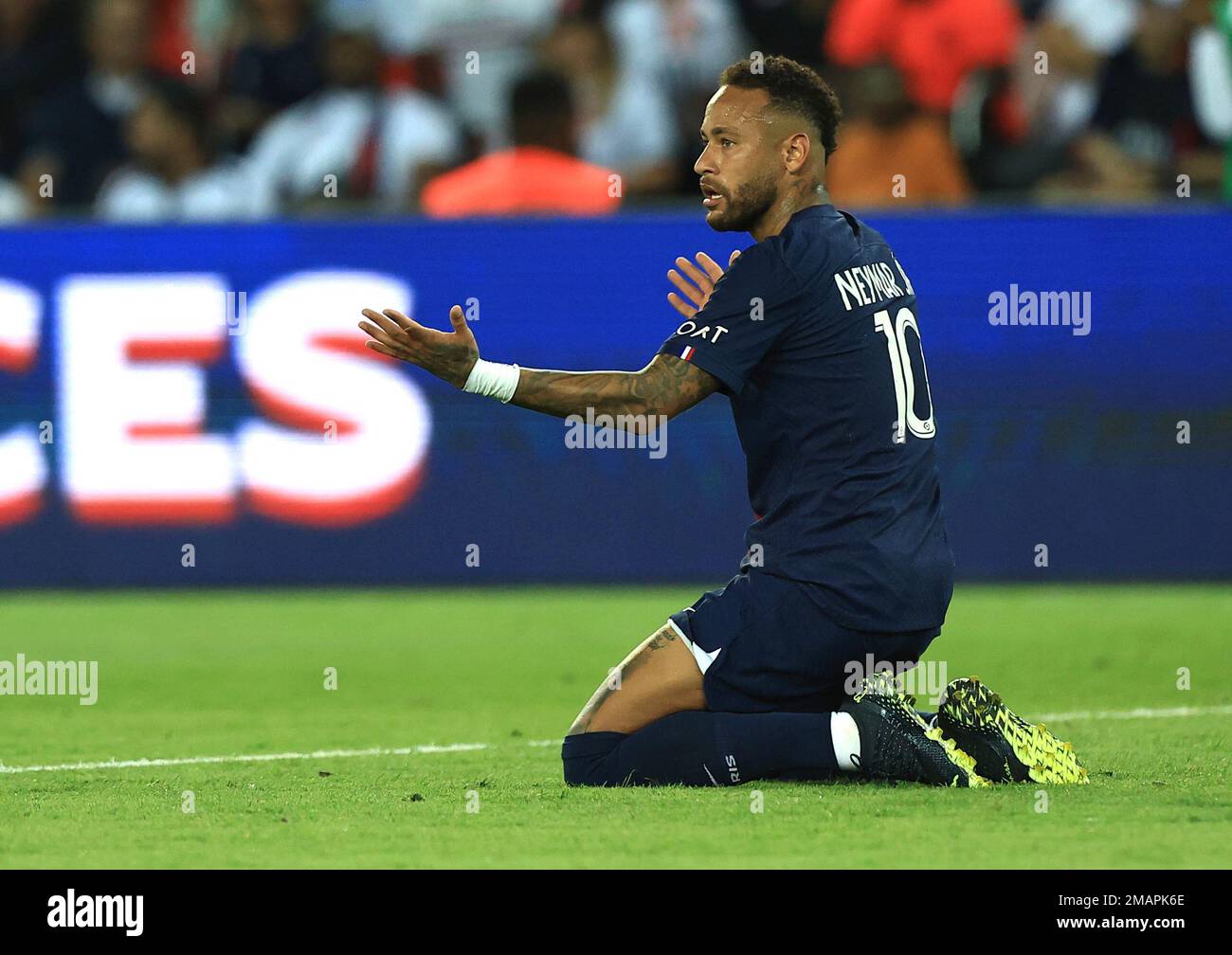 PSG's Neymar reacts during the French League One soccer match between ...