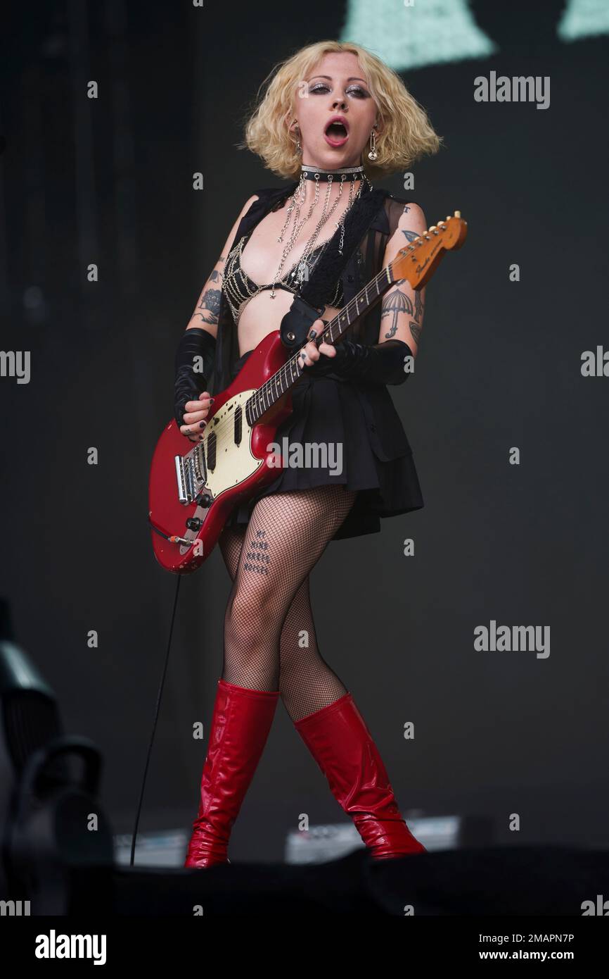 Heather Baron-Gracie of Pale Waves performs at the Reading Music Festival, England, Sunday, Aug ...