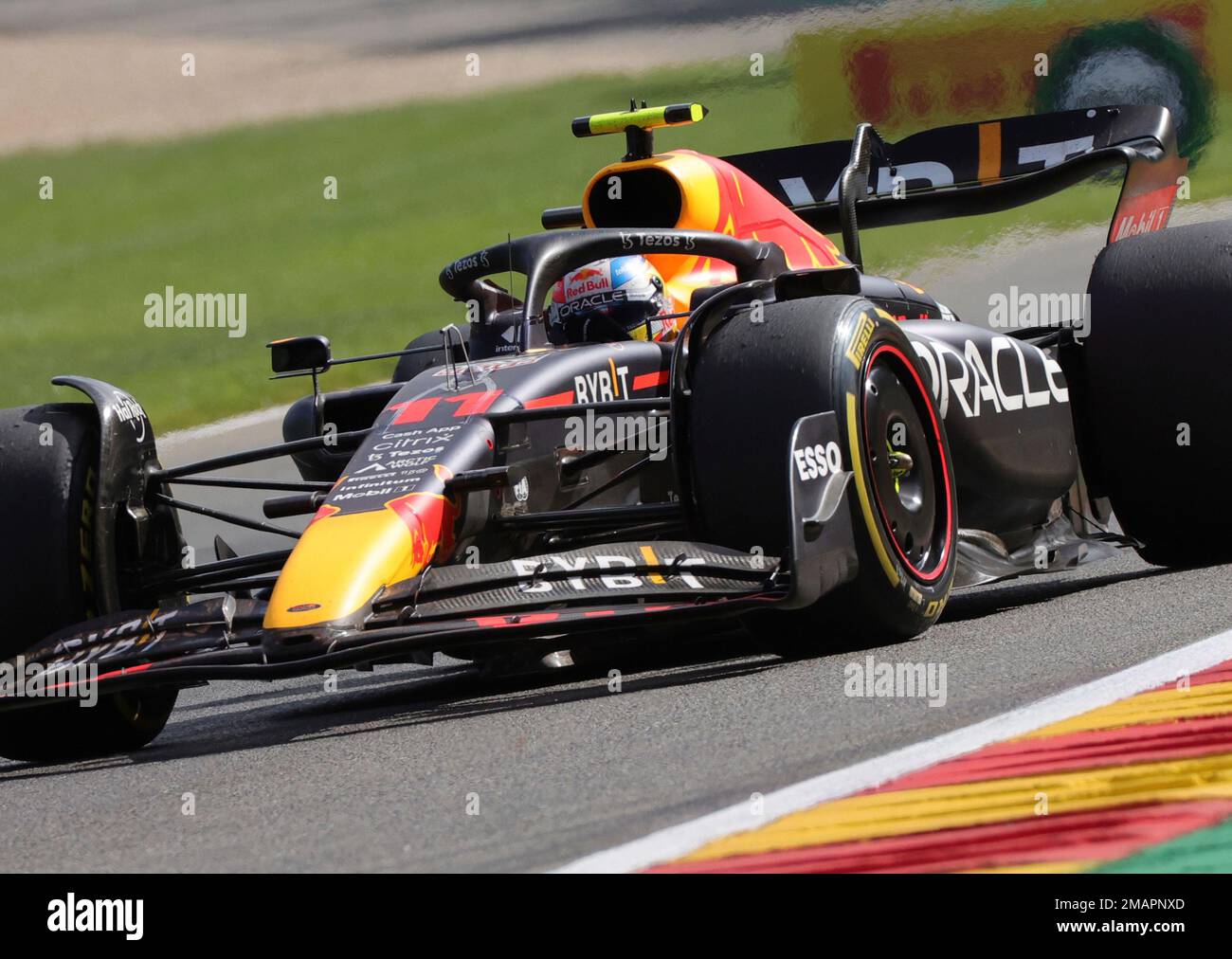 Red Bull driver Sergio Perez of Mexico steers his car during the Formula One Grand Prix at the ...