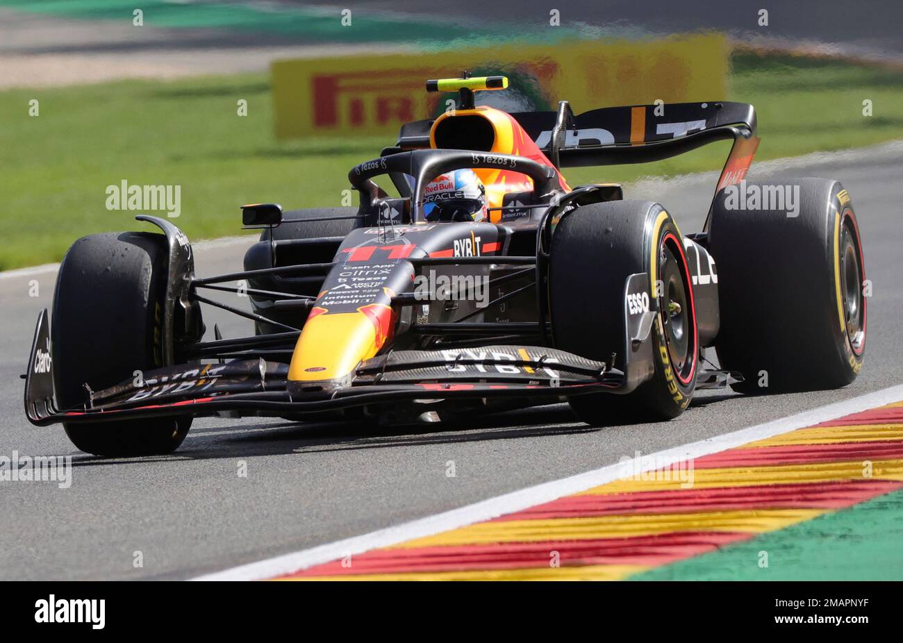 Red Bull driver Sergio Perez of Mexico steers his car during the Formula One Grand Prix at the ...