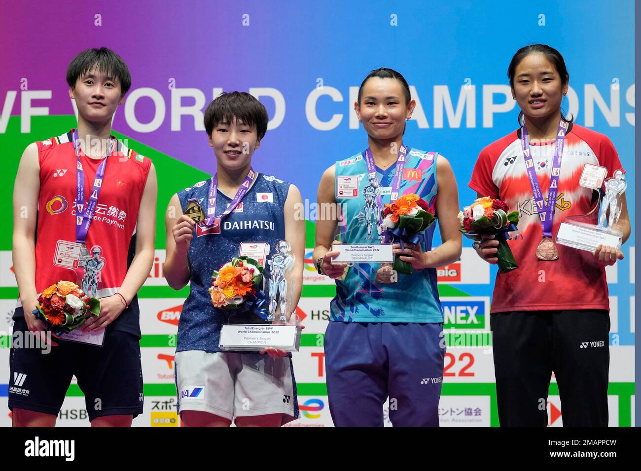 From left to right, silver medalist China's Chen Yu Fei, gold medalist Japan's Akane Yamaguchi ...