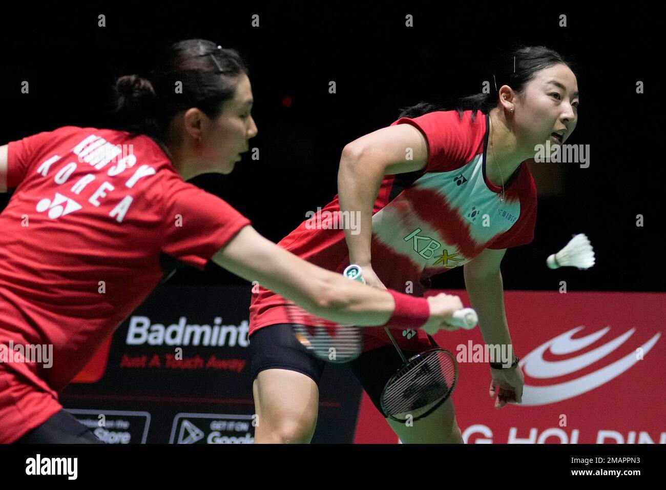 South Korea's Kim So-yeong, left, and Kong Hee-yong compete against Chen Qing Chen and Jia Yi ...