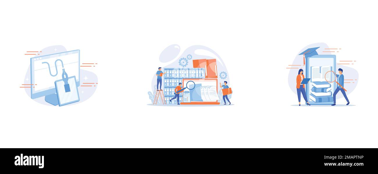 Editable drawings creating, Organized archive, Students with magnifier ...