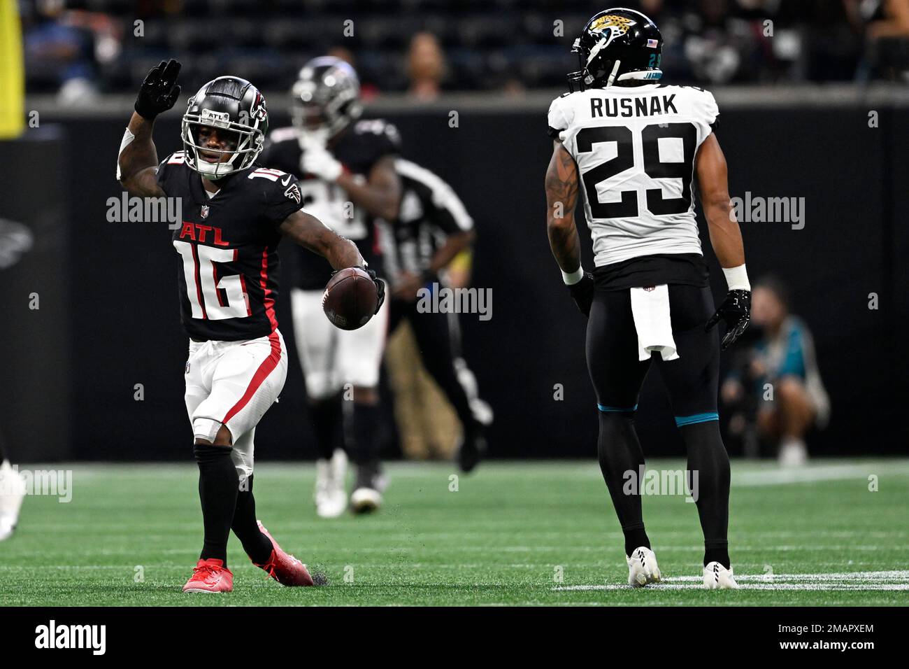 Atlanta Falcons wide receiver Cameron Batson (16) celebrates a catch ...