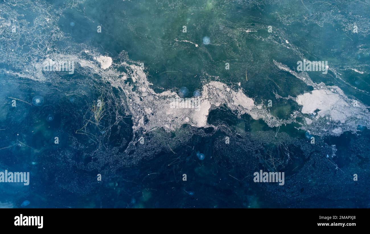 Aerial view of mucilage on the sea. Dirty sea with toxic poisonous ...