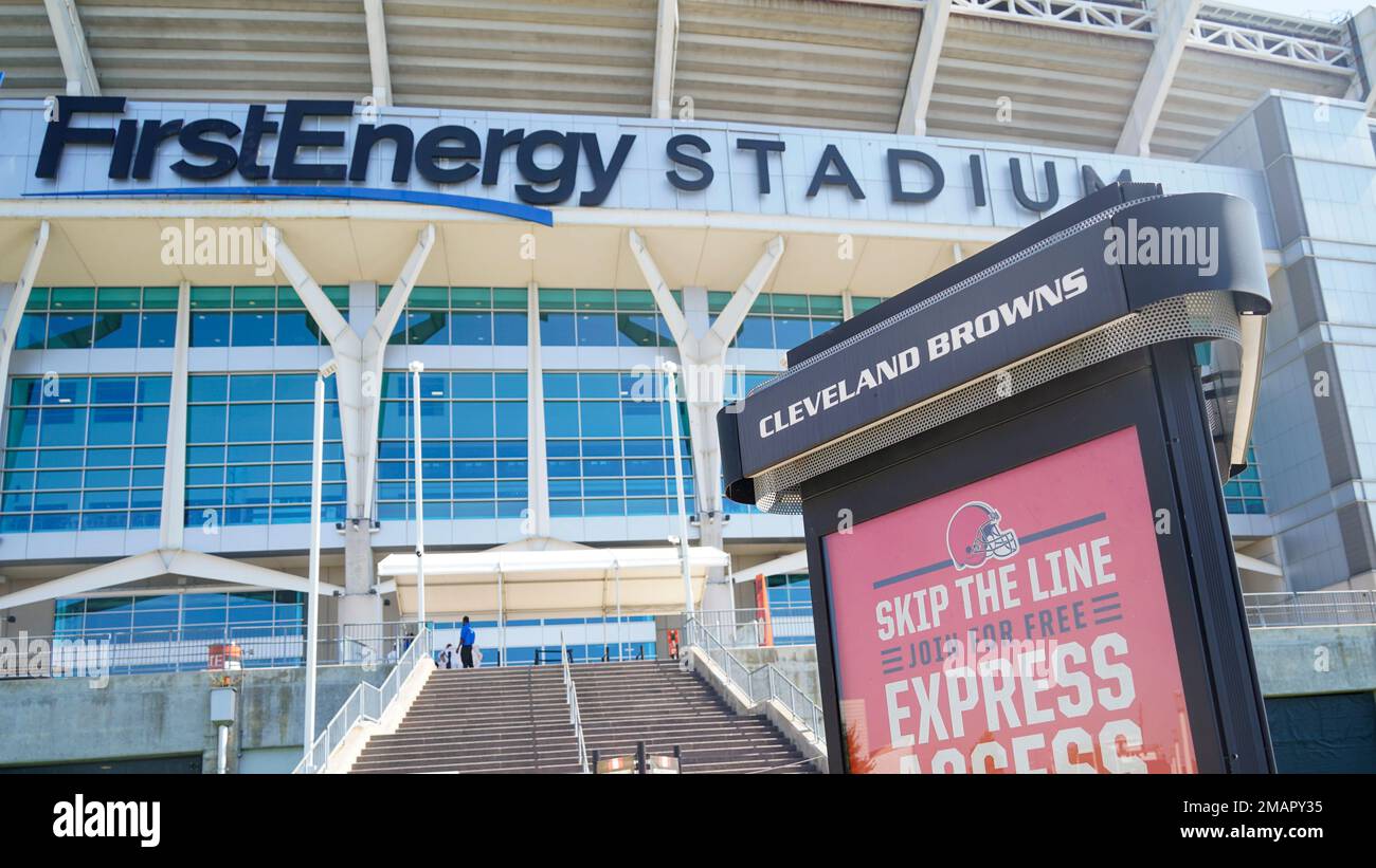The signage for First Energy Stadium is visible on the facade above one ...