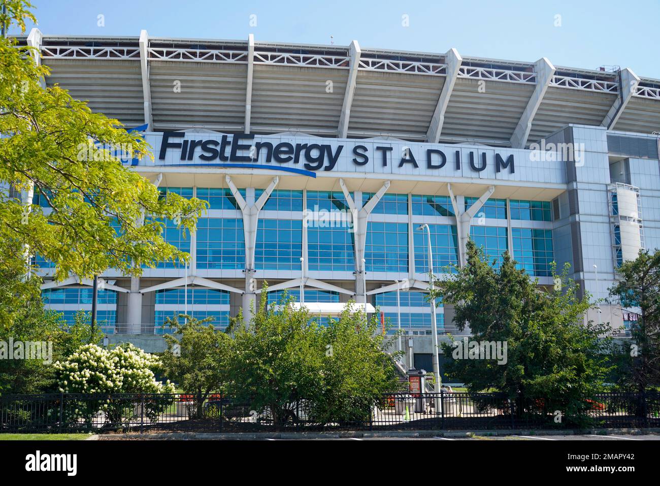 The signage for First Energy Stadium is visible on the facade above one ...
