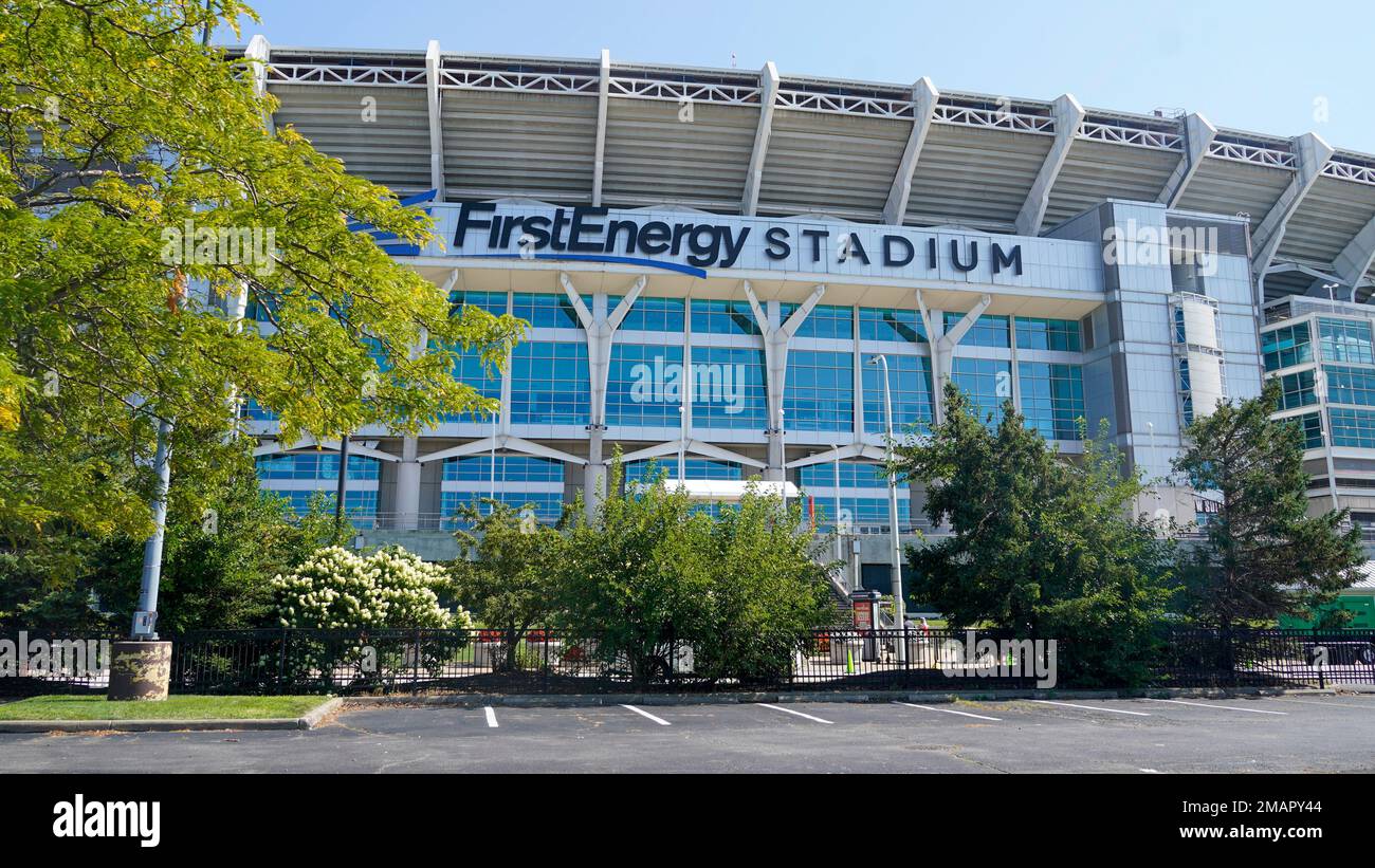 The signage for First Energy Stadium is visible on the facade above one ...