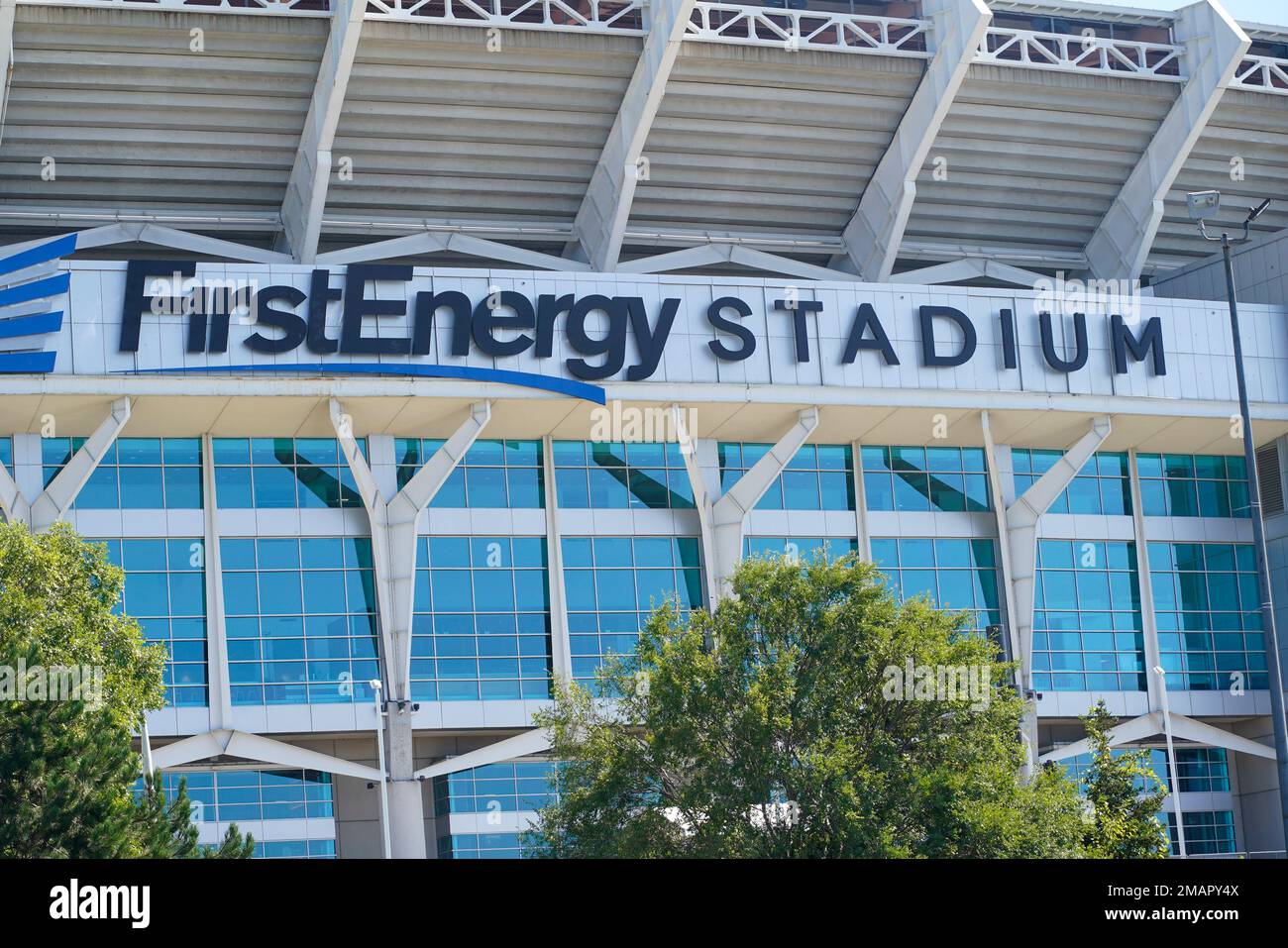 The signage for First Energy Stadium is visible on the facade above one ...
