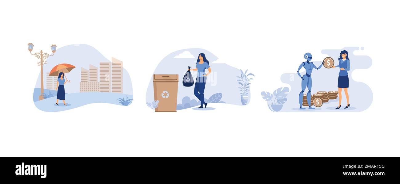 Young girl with orange umbrella, Positive woman throwing out reusable ...