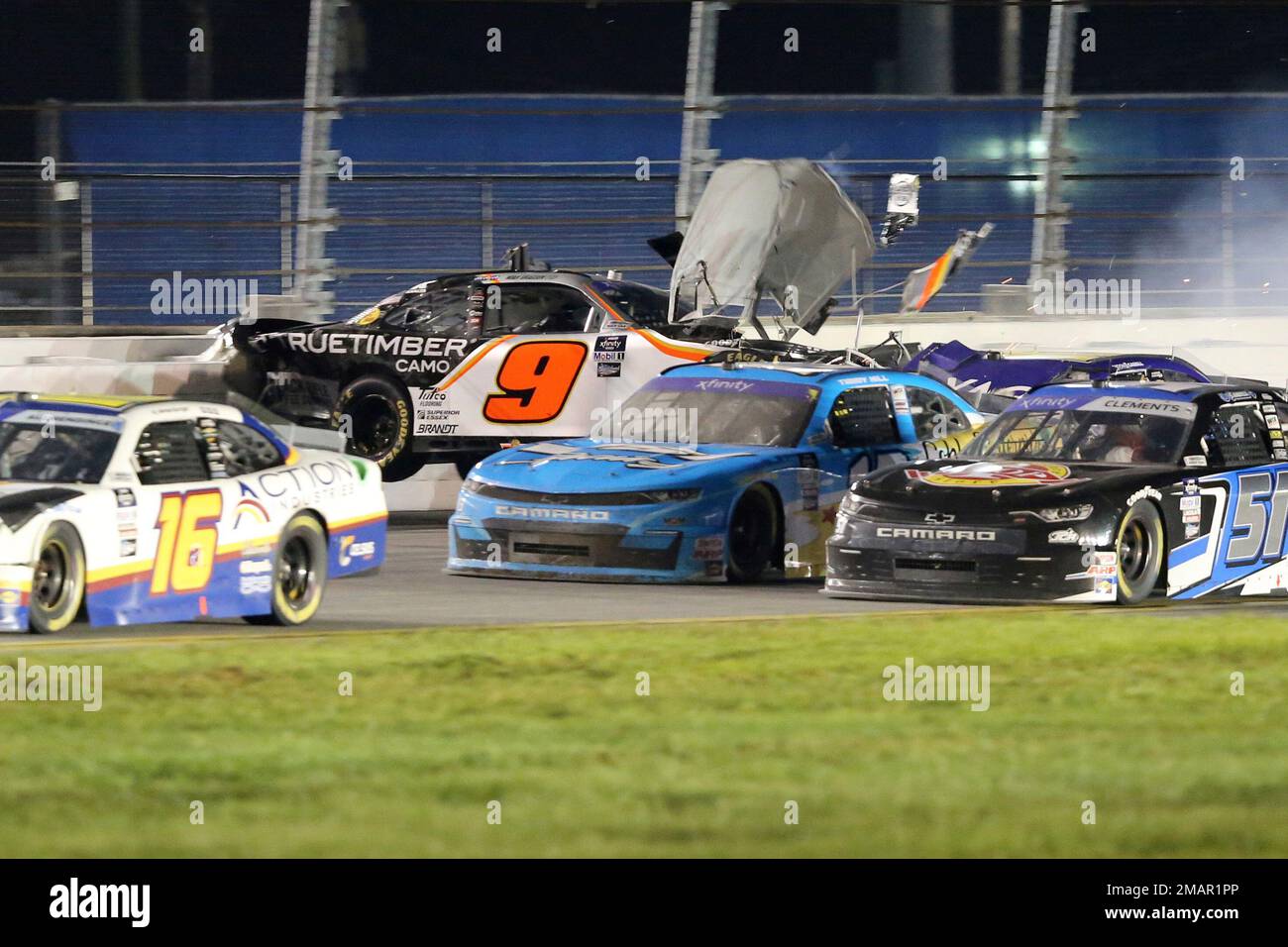 Noah Gragson (9) is spun around going into Turn 3 on the back stretch ...
