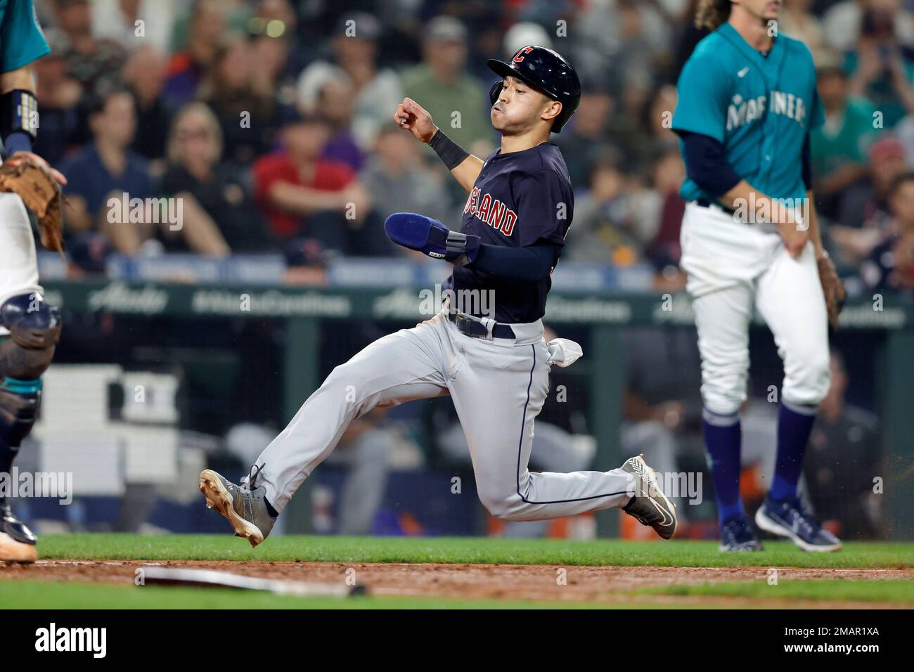 Cleveland Guardians' Steven Kwan scores on a line-out hit by Josh ...