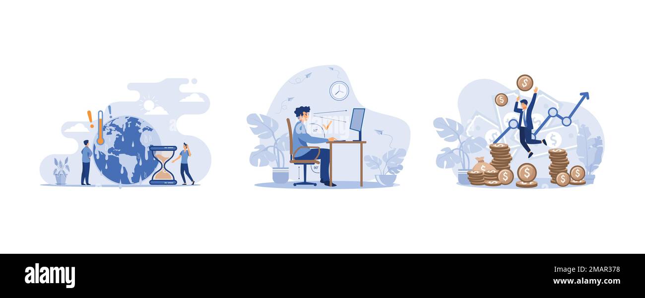 Tiny people with melting planet in background, Instruction for correct ...