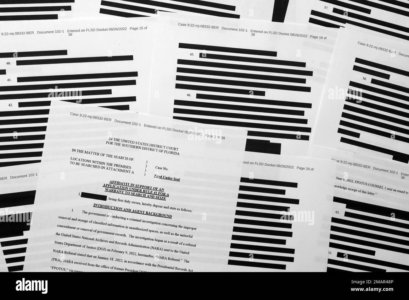 Pages from the affidavit by the FBI in support of obtaining a search warrant for former ...
