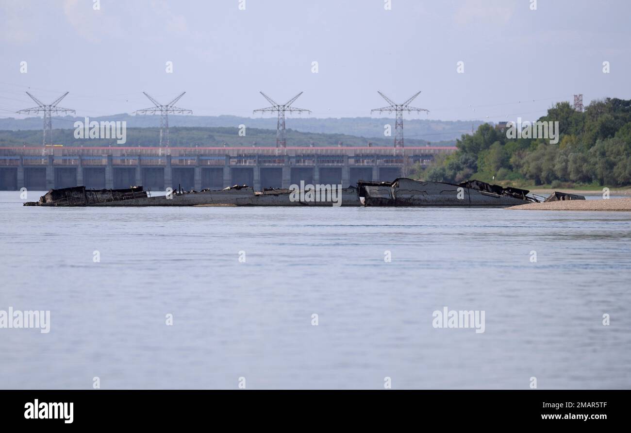 The wreckage of a WWII German warship is seen in front of Djerdap II, a ...