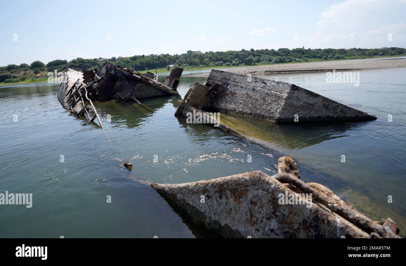The wreckage of a WWII German warship is seen in the Danube river near ...