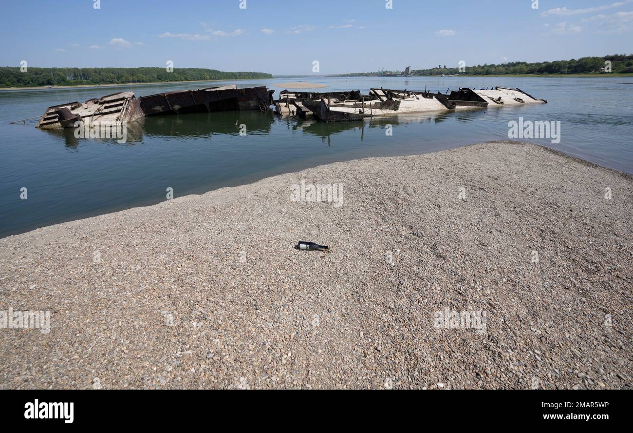 The wreckage of a WWII German warship is seen in the Danube river near ...
