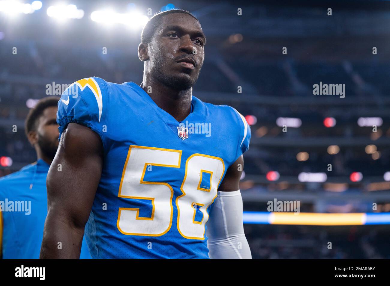 Los Angeles Chargers linebacker Tyreek Maddox-Williams (58) walk to the ...