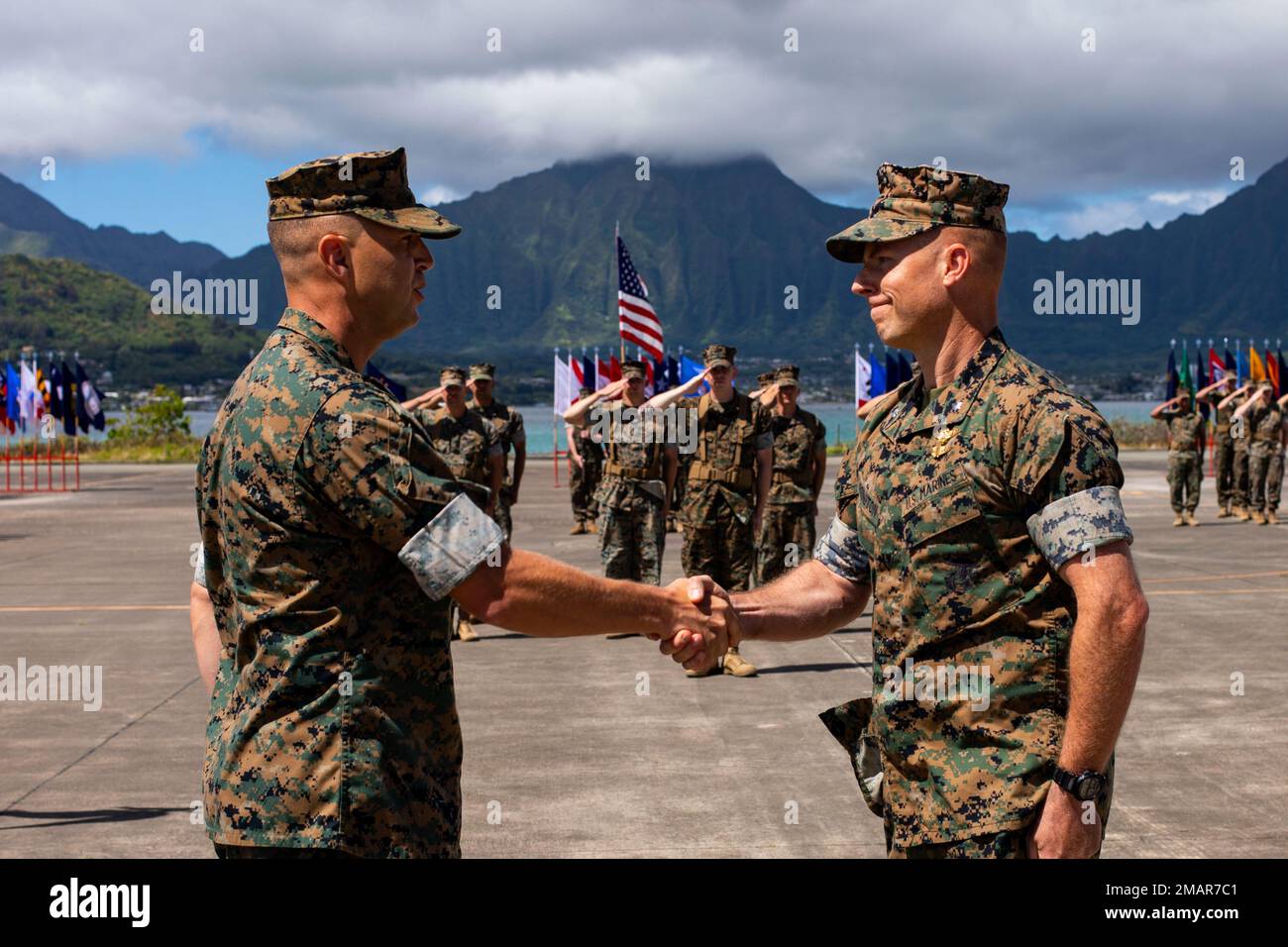 U.S. Marine Corps Lt. Col. Nicholas Law, left, incoming commanding ...