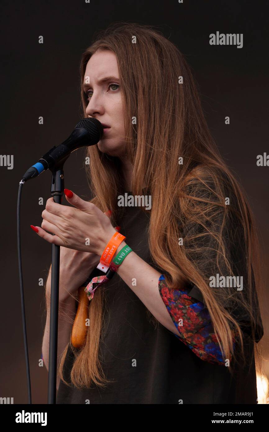 Florence Shaw of Dry Cleaning performs on stage at All Points East at ...