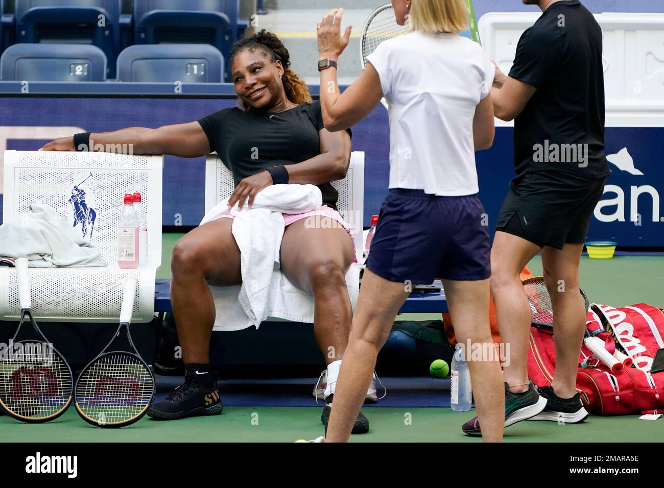 Serena Williams sits during a practice session at Arthur Ashe Stadium ...