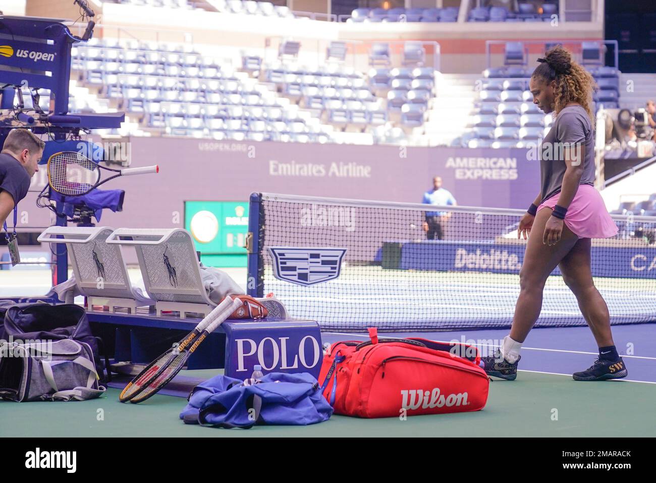 Serena Williams throws her racket after practicing at Arthur Ashe ...