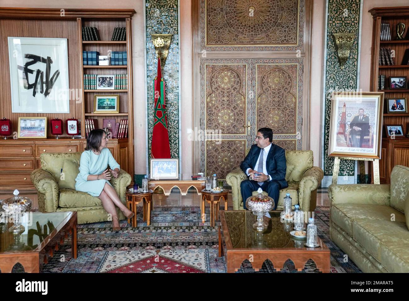 German Foreign Minister Annalena Baerbock, left, speaks with Moroccan ...